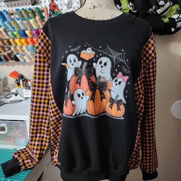 Patchwork Halloween DTF Transfer, Quilt Style Pumpkin and Ghost Print, Retro Quilted Applique ...