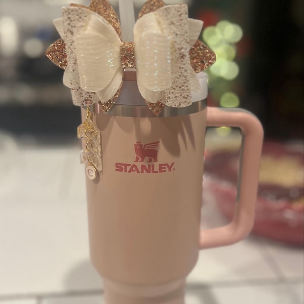 Cream Moon Stanley Tumbler Bow Topper Gold and Cream Straw Topper Bow ...