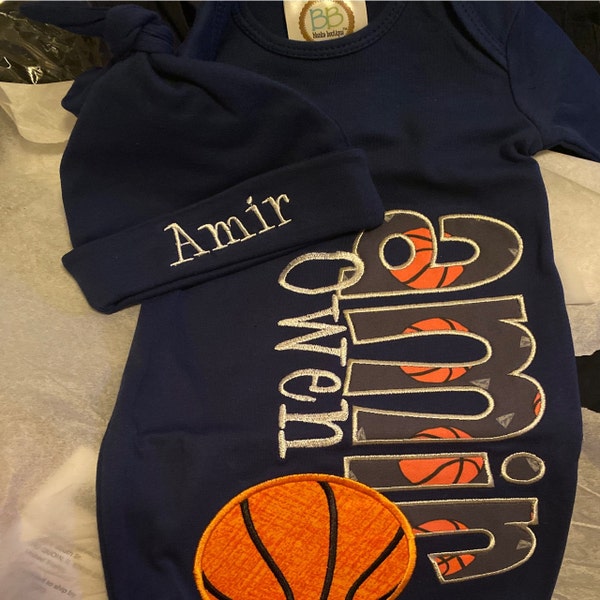 Personalized Navy Baby Gown and Hat. Basketballs on Navy. Coming Home ...