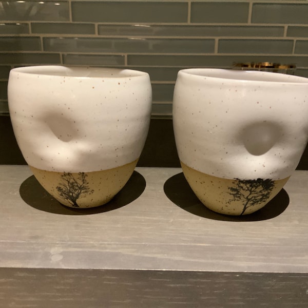 2 Ceramic White Espresso Cups With Tree Ornaments, Set of TWO Handmade ...