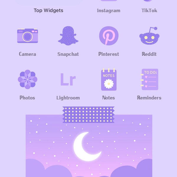Pastel Kawaii App Icon Pack, Purple Night, Lavender Widgets Wallpapers ...