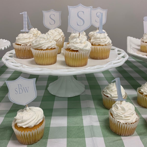 Watercolor Blue ONE, Balloon & Crest Monogram Cupcake Toppers ...