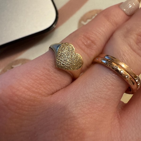 Solid Gold Fingerprint Heart Ring, Personalized Signet Ring for Women ...