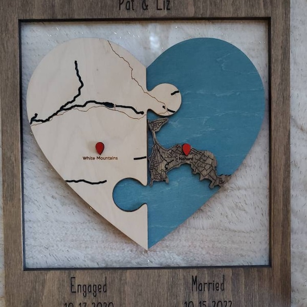 Personalized Two Location Heart Map, Wooden Framed Puzzle Wall Art - Etsy