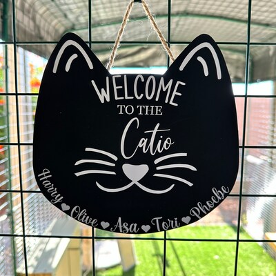 Welcome to the Catio Wood Sign, Cat Head Sign, Cat House Sign, Wood Cat ...