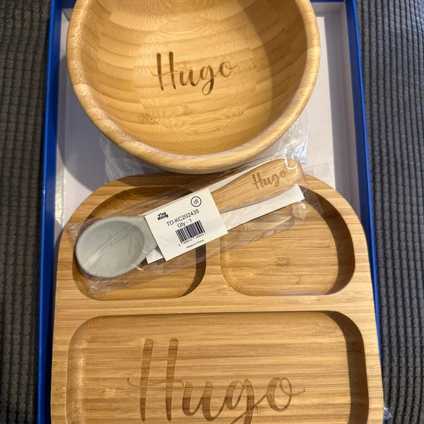 Personalised Bamboo Childrens Dining Set Spoon & Bowl - Custom Engraved ...