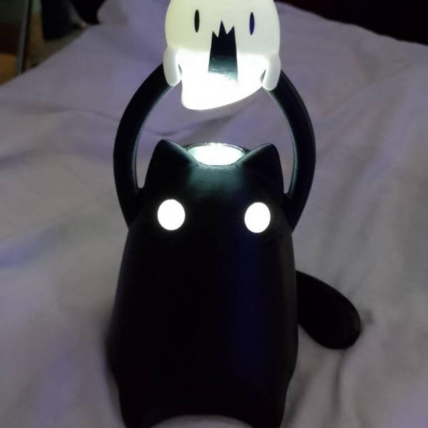 Chubby Cat Holding Ghost Lamp: Halloween LED Night Light - Etsy