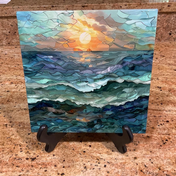 Ocean Waves at Sunrise Stained Glass Look Art on Glossy Ceramic Tile ...