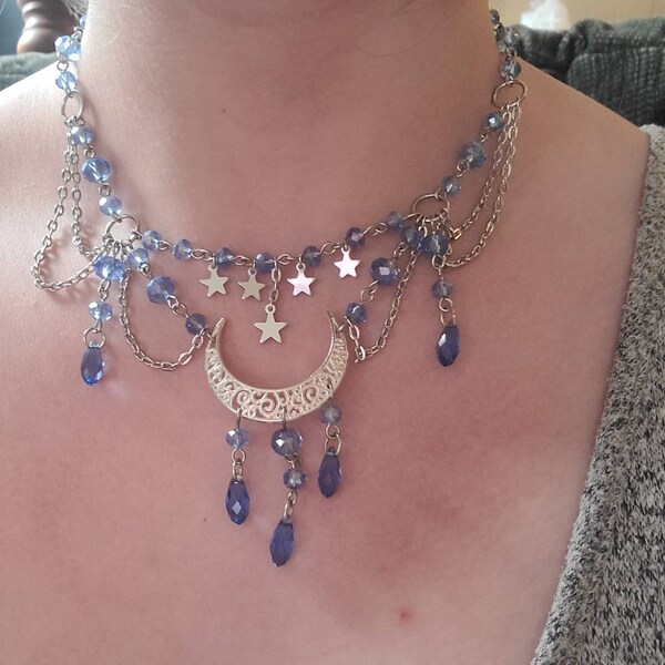 Blue Crystal Moon Star Necklace, Celestial Teardrop Beaded Choker ...
