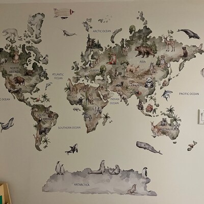 World Map Wall Decal, Animal World Map Decal, Kids World Map Decal ...