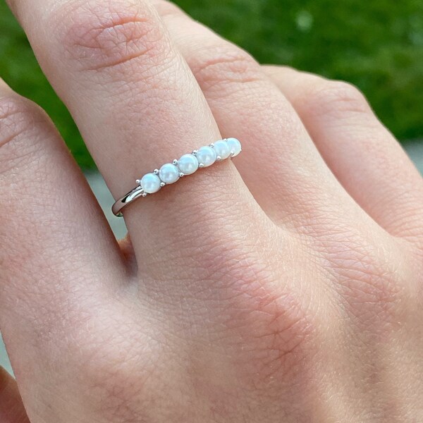 Dainty Akoya Pearl Wedding Band in Solid Gold | June Birthstone Ring ...