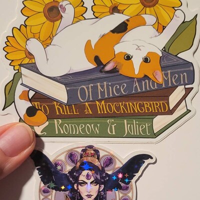 Silver Cat With Book Puns and Flowers Sticker Set - Etsy