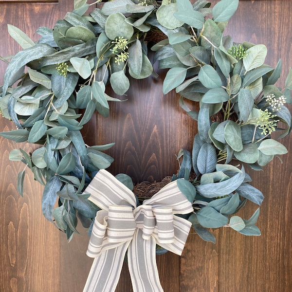 Grey Cream Farm Bow, French Country Bow, Farmhouse Wreath Bows, Rustic ...