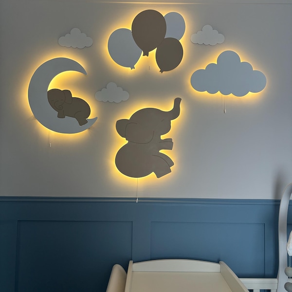 Set of 4 Baby Room Light, Baby Night Light, Cloud Light, Elephant Baby ...
