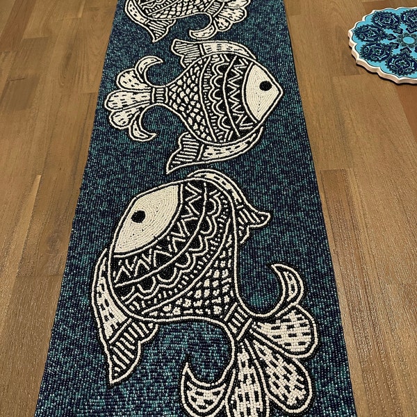 Handmade Bead Table Runner, Coastal, Fish, Sea Designs, Blue, Black and ...