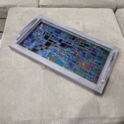 Ottoman Tray. Serving Tray. Gray Wood. Iridescent Purple Mosaic Glass ...