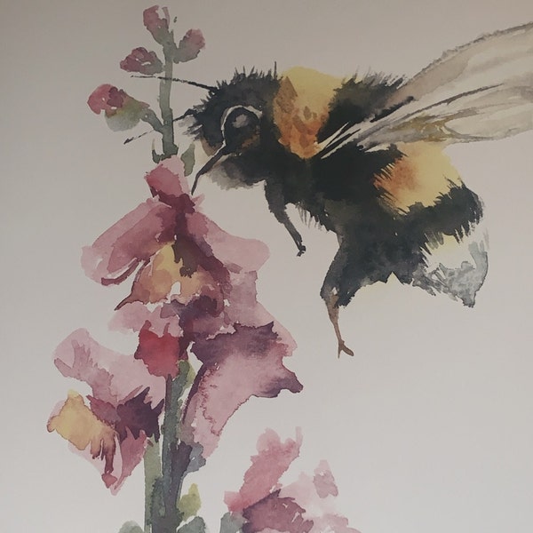 Bee Print, Watercolor Painting Art, Pink Flower Art, Fine Art Print ...