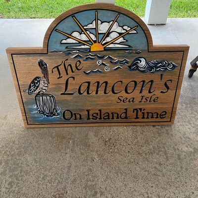 Personalized Beach House or Island House Carved Wood Sign Pelican - Etsy