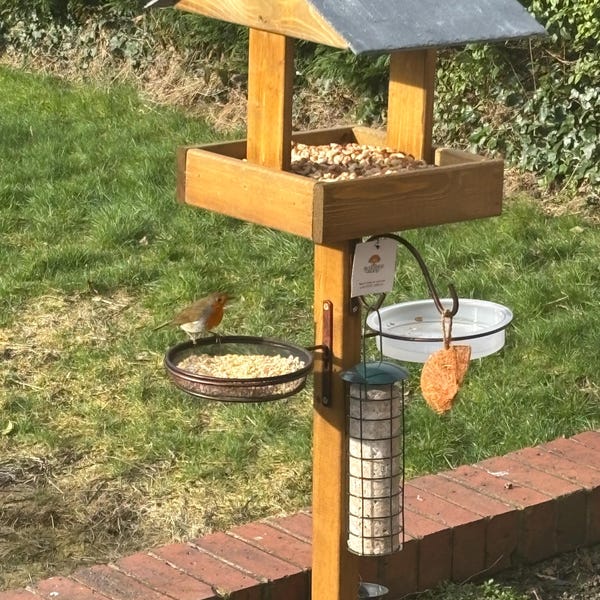 Wooden Bird Table Slate Roof Wild Garden Birds Feeding Station Feeder ...