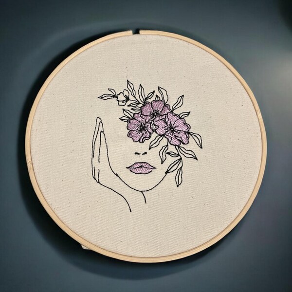 Lady With Flowers Embroidery Design, Line Art Embroidery File - Etsy
