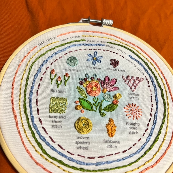 Stitch Sampler Full Kit Beginner Hand Embroidery Design, Printed Hand ...