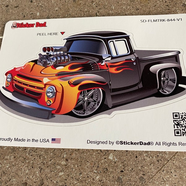 FLAME TRUCK 844 V1 - Size: 5"" - Full Color Printed Vinyl Decal Hard ...