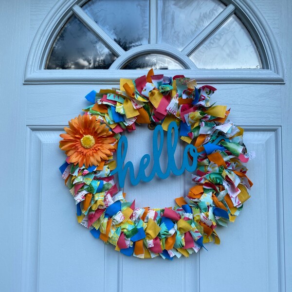 Blue & White Farmhouse Welcome Rag Wreath - Etsy