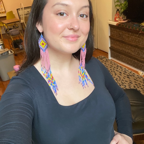 Long Beaded Tube Earrings, Native Style Beaded Earrings, Boho Chic ...