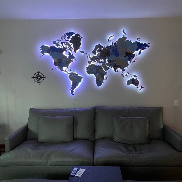 3D LED RGB Map of the World, Neon Map Wall, 3D Wooden World Map ...