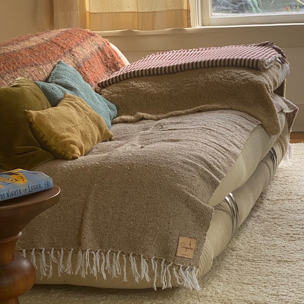 Handloomed Light Brown Textured Raw Cotton Fringe Throw Blanket 240x120 ...