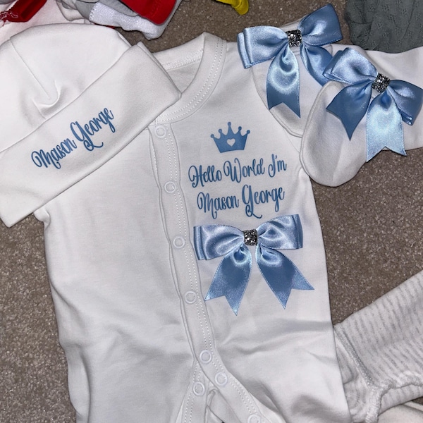 Newborn Baby Boy Homecoming Set, Any Name Sleepsuit / Babygrow Hat ...