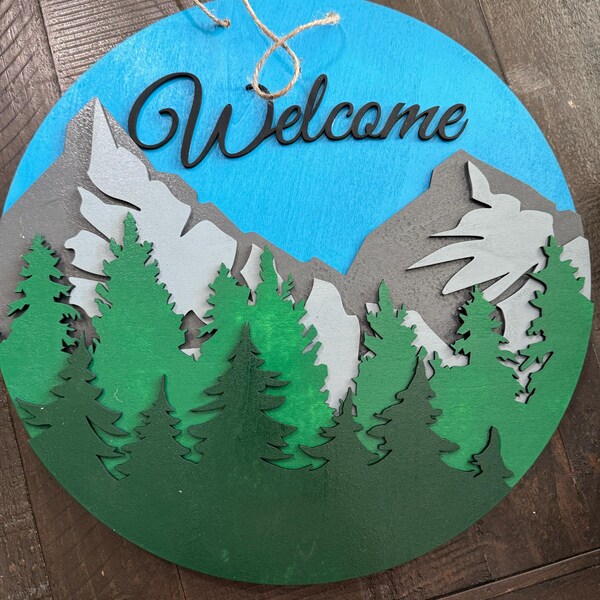 Round Mountains Welcome Sign SVG, Woods Door Hanger Laser Cut File ...