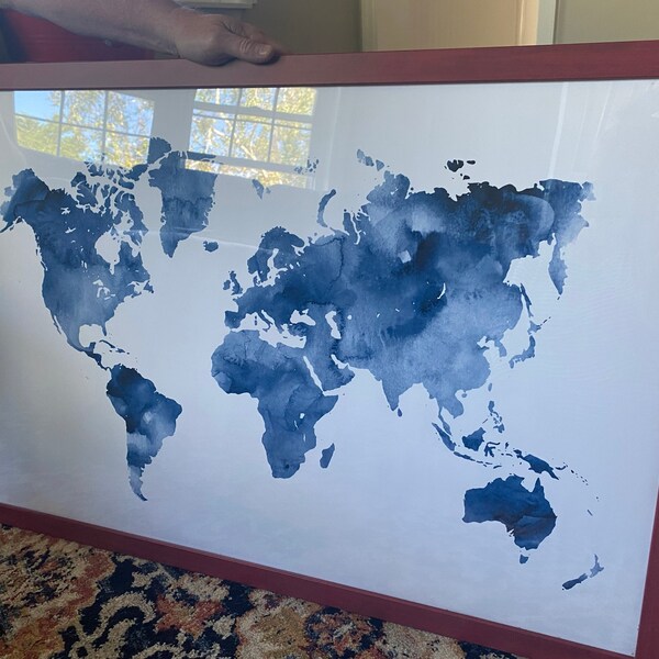 Blue World Map Print, Abstract World Map Wall Art, Blue World Map ...