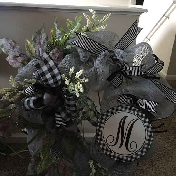 Personalized Buffalo Plaid Initial Monogram Sign Farmhouse Wreath Sign ...