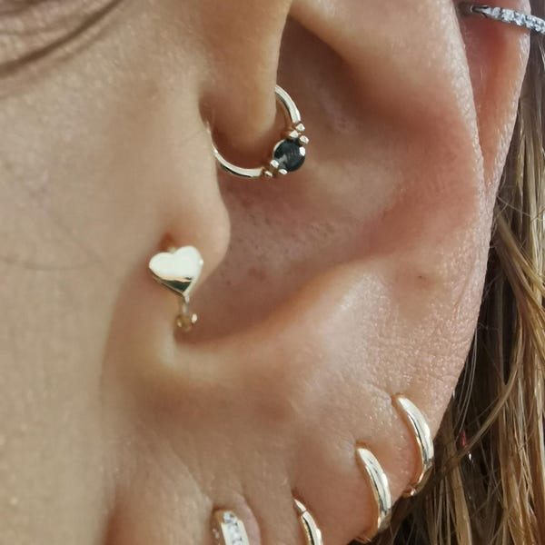 14K Solid Gold Diamond Cut Disc Stud Earring Moss Agate Threadless Push ...