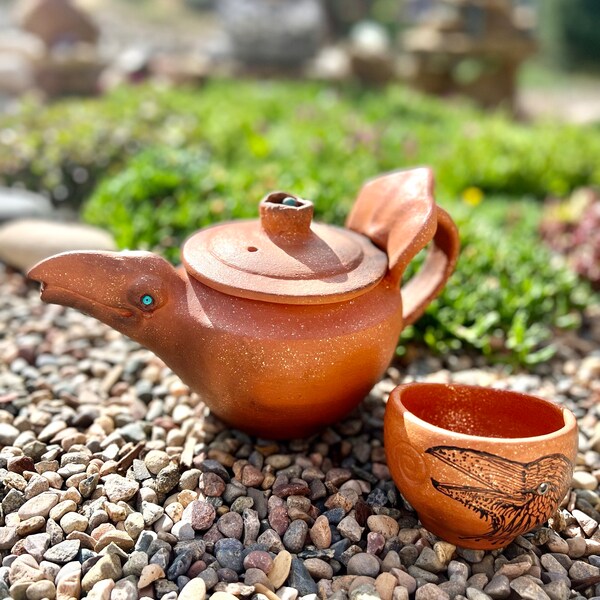Custom Raven Cacao-teapot With Turquoise Eyes Mica Clay From New Mexico ...