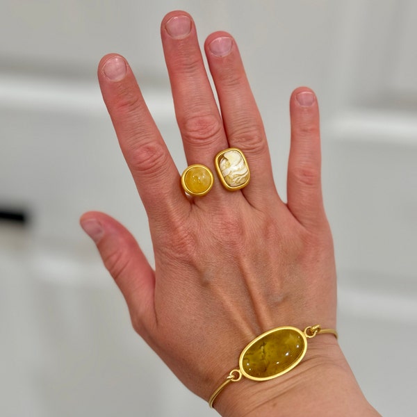 Bangle Bracelet With Honey Amber Stone, Gold Plated Statement Amber ...