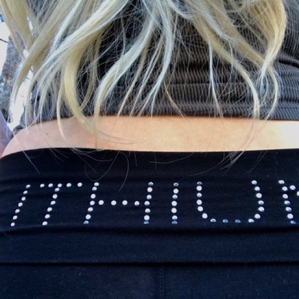 Black Fold Over Yoga Pants With Custom Wording Down the Side or on the ...