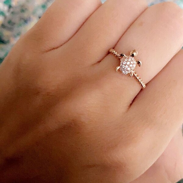 Unique Diamond Ring Eternity Beaded Sea Turtle Ring Animal Ring Solid ...