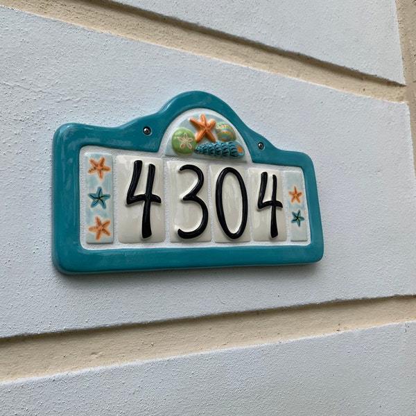 Beach Address Plaque With 3 Numbers + Sea Oats End Tiles - Custom ...