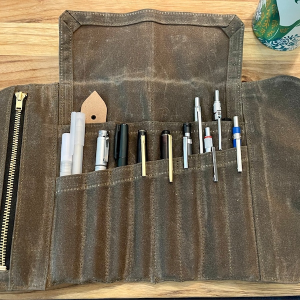 Roll up Mini Pencil Case, Pen Roll, Waxed Canvas and Leather, 12 ...