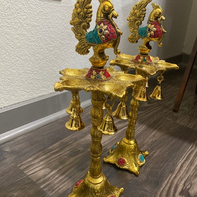 20 Inch German Silver Samai, Set of 2 Hand Engraved Samai, Diya Stand ...