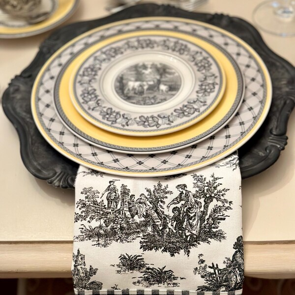 Green Toile Tea Towel, French Country Hand Towel, Kitchen Linen, Green ...