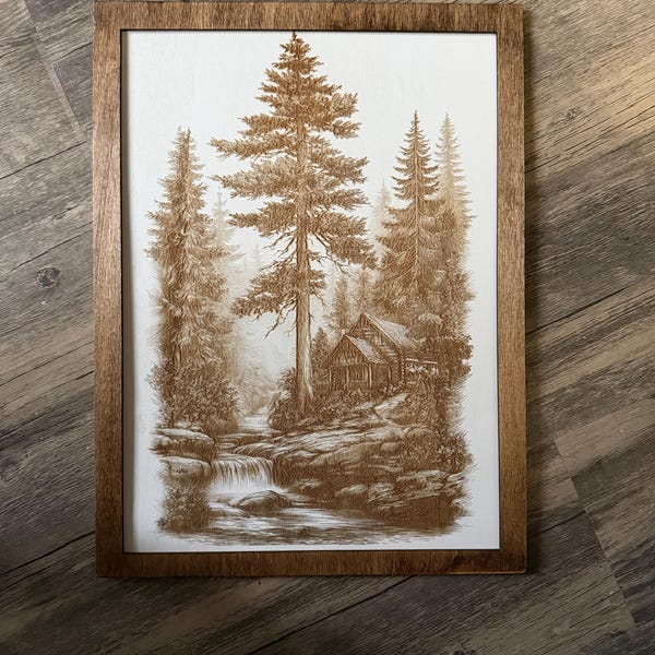 Forest Haven Cabin Engraving PNG | Riverside Landscape Laser Engraving ...