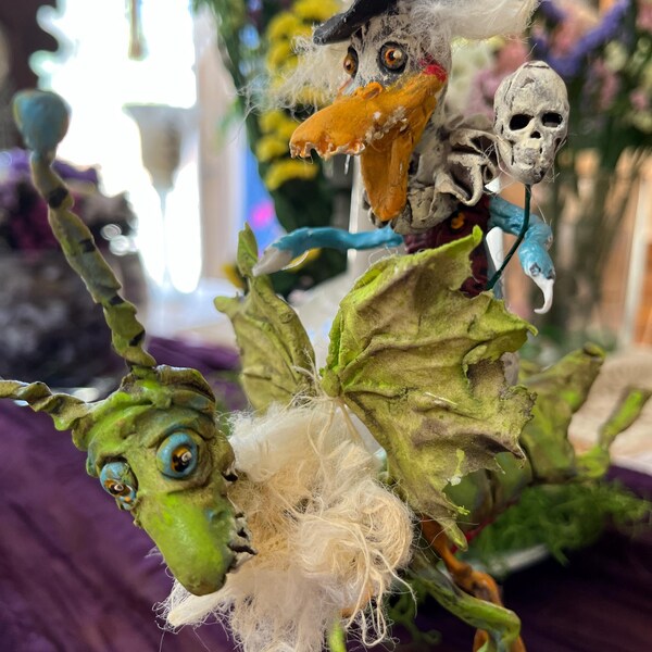 Handmade Paper Mache Creepy Halloween Witch Relaxing on Spooky Crescent ...