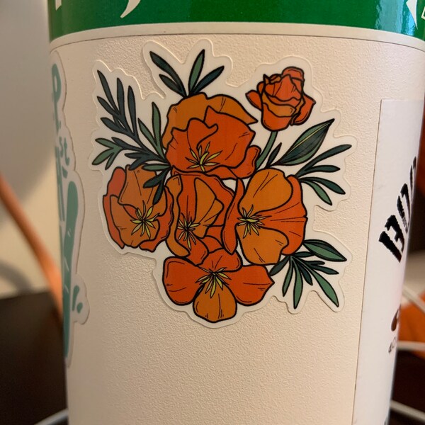 California Poppy Sticker, Wildflower Vinyl Sticker, Orange Flowers ...