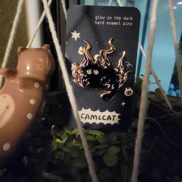 Cute Black Cat Halloween Hard Enamel Pin, Glow in the Dark Ghost Kitty ...
