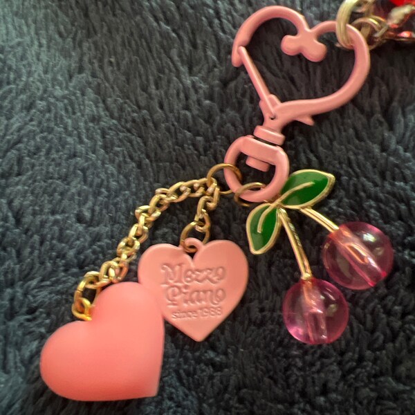 Pink Cherry Keyring With Heart Clasp, Cute Heart Keychain, Keychain ...