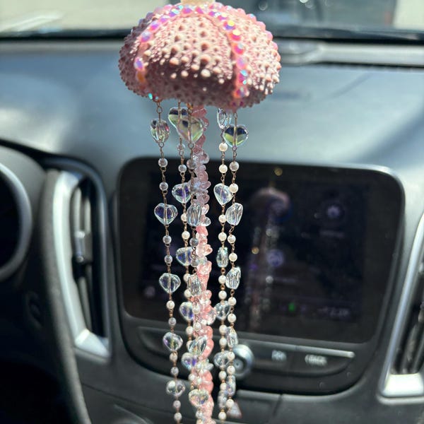 Sea Urchin Jellyfish Car Charm: Pink Crystal & Pearl Coastal Ornament ...