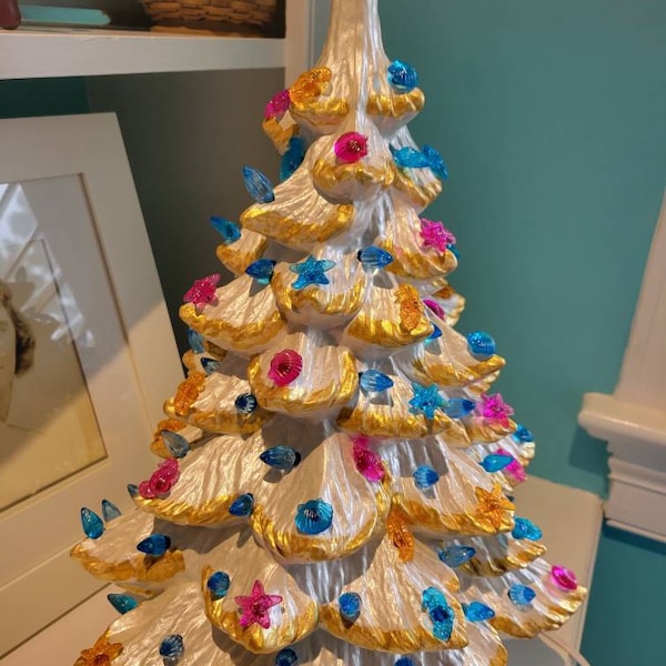 Ceramic Christmas Tree in Metallic Pearl White and Gold Accents - Etsy